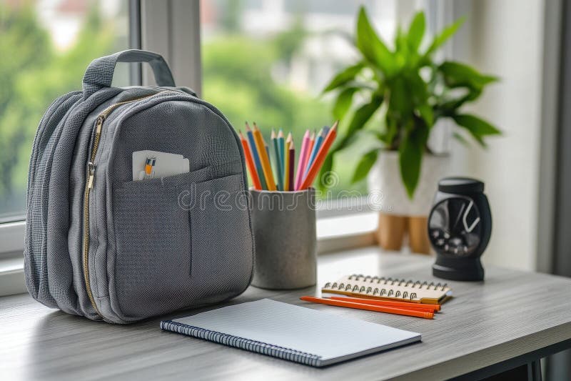 A Study Desk with a Backpack, Stationery, and a Plant by the Window ...