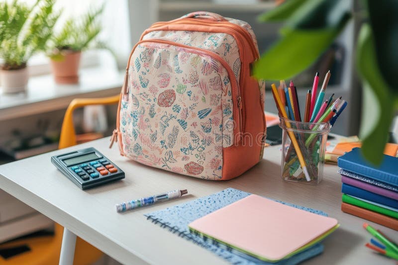 A Study Desk with a Colorful Backpack, Stationery, Calculator, and ...