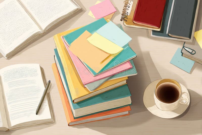 Study Desk with Colorful Textbooks, Coffee Cup, and Organized Sticky ...