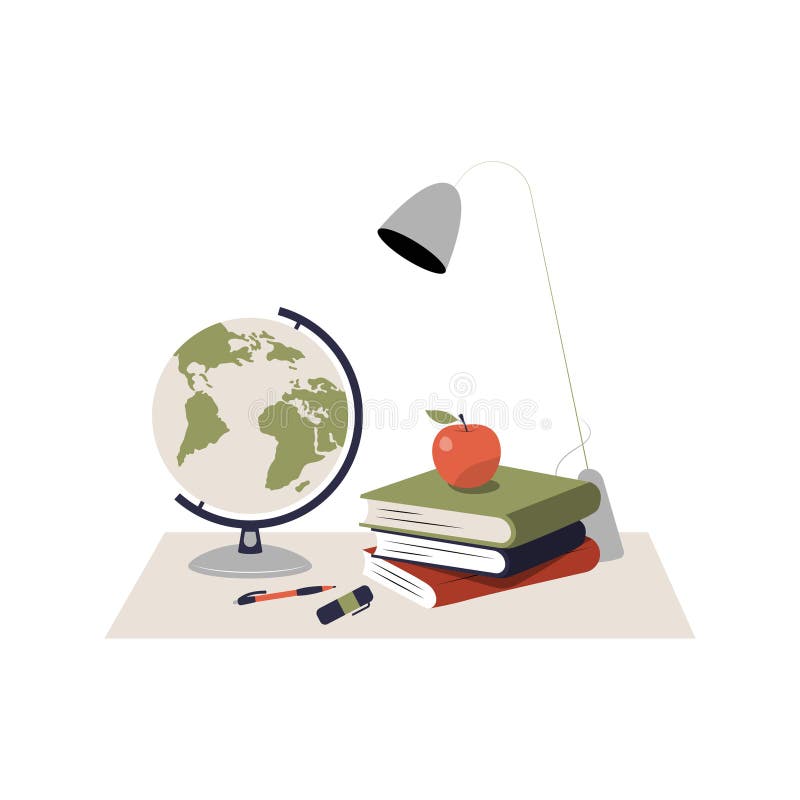 Study Desk with Books, Globe, Apple, and Lamp in Flat Vector ...