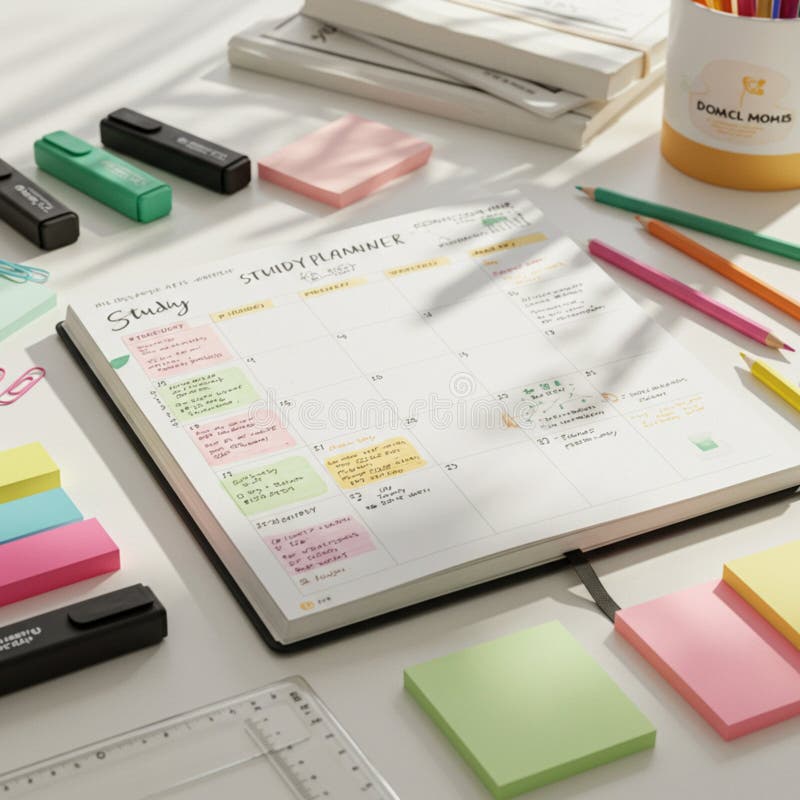 Study Desk with an Open Planner Displaying a Monthly Schedule ...