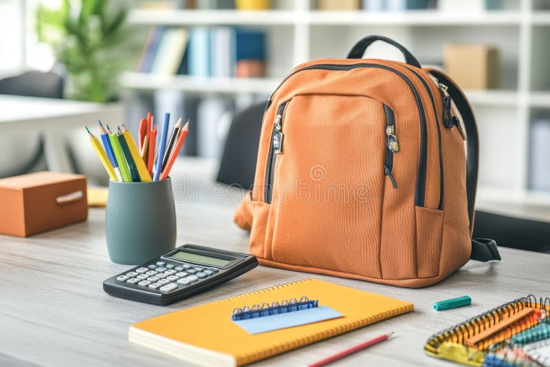 A Study Desk with an Orange Backpack, Stationery, and a Calculator for ...