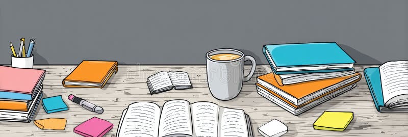 Study Desk Setup with Textbooks, Sticky Notes, and Coffee Cup for ...