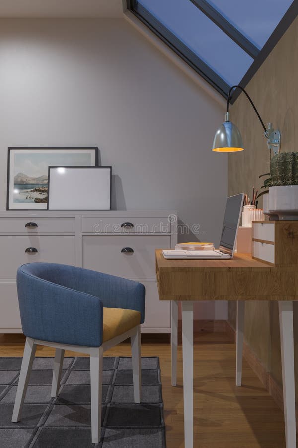Study Desk Under the Roof Window in the Evening Stock Illustration ...