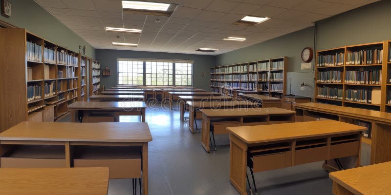 Study Environment with Rows of Tables and Bookshelves in a Quiet ...