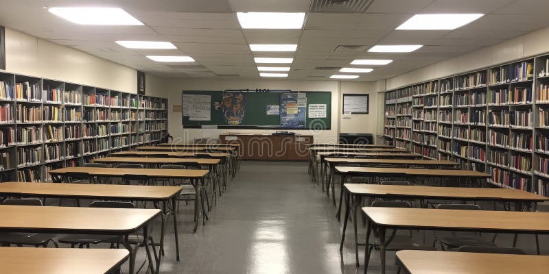 Study Environment with Rows of Tables and Bookshelves in a Quiet ...