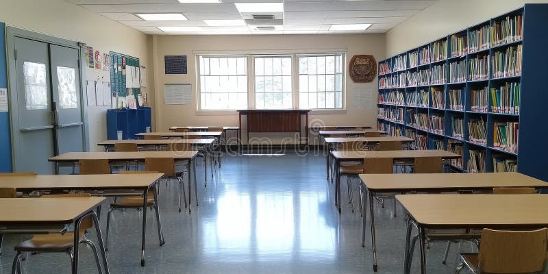 Study Environment with Rows of Tables and Bookshelves in a Quiet ...