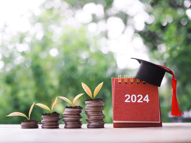 Study Goals, 2024 Desk Calendar with Graduation Hat and Plants Growing ...