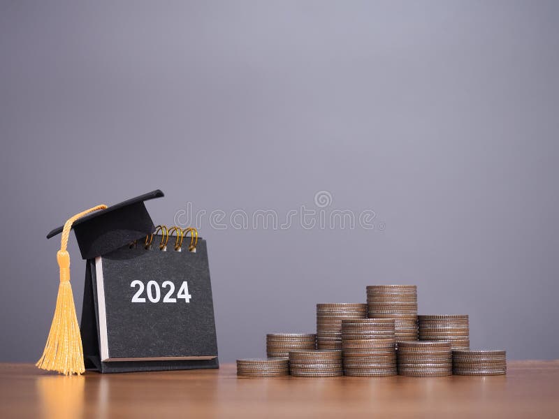 Study Goals, 2024 Desk Calendar with Graduation Hat and Stack of Coins ...