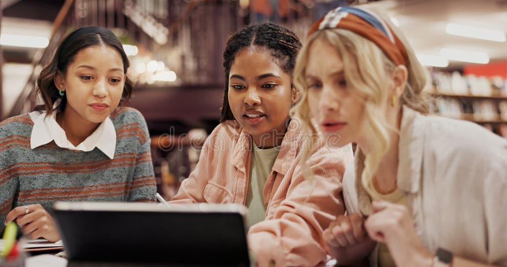 Study Group, Tablet and Reading with Women in Library for College ...