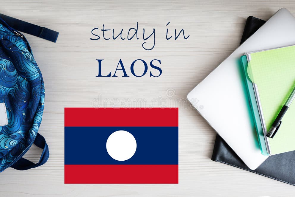 Study in Laos. Background with Notepad, Laptop and Backpack Stock Photo - Image of homework ...