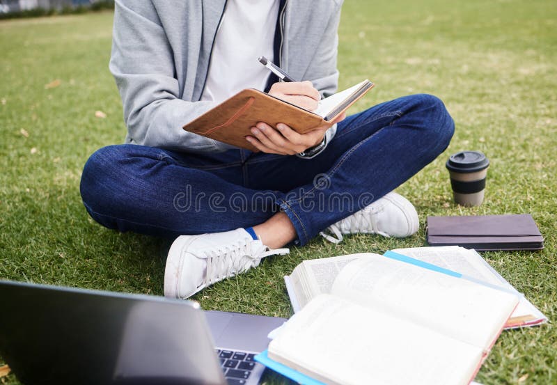 Study, Laptop and Student in Park Writing at University, College or ...