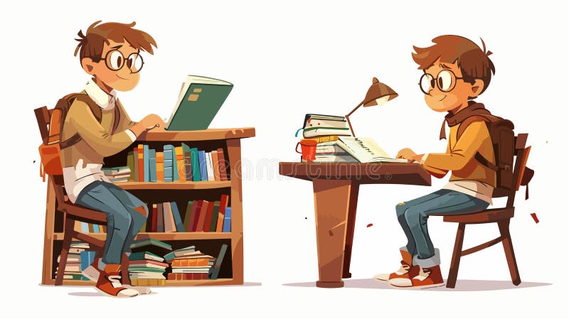 Study in a Library Cartoon Vector Illustration Stock Vector ...