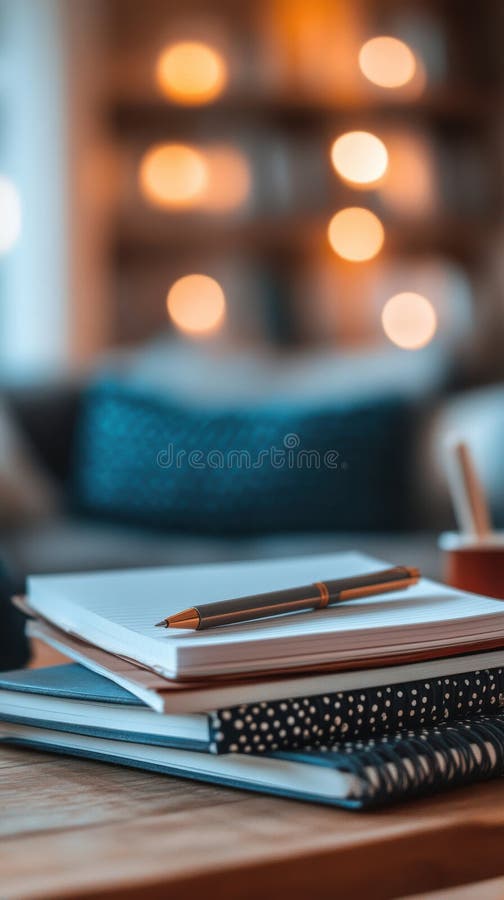 Study Materials Stacked on a Wooden Table, Open Notebook and Pen on Top ...