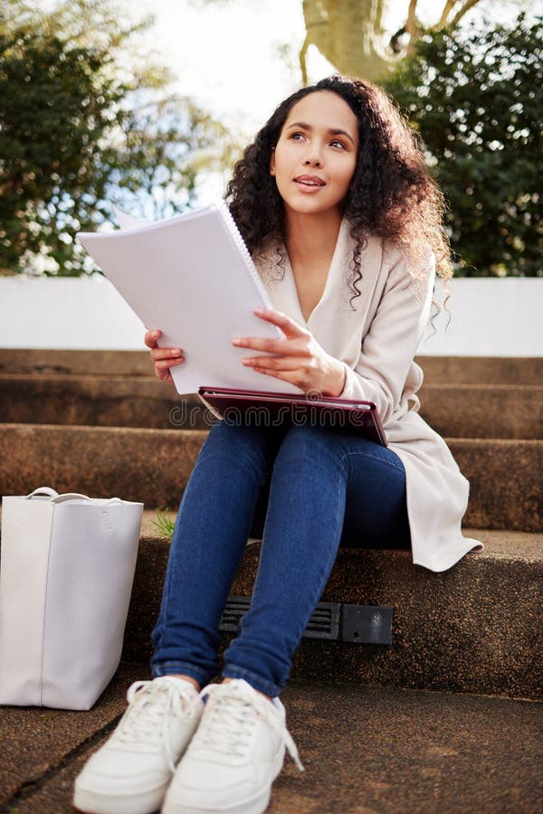 Study Notes, Woman and Student Thinking Outdoor with Education ...