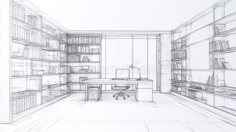 Study Office Plan Sketch 3D Drawing Stock Illustration - Illustration ...