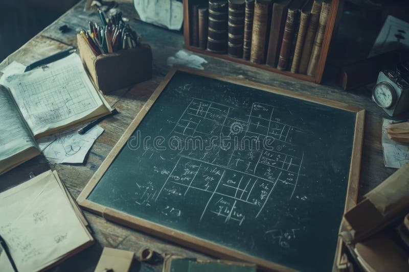 Study of Old Writing Table with Mathematical Concept and Chalkboard ...