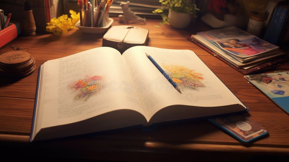 Study open book on desk stock illustration. Illustration of notes ...