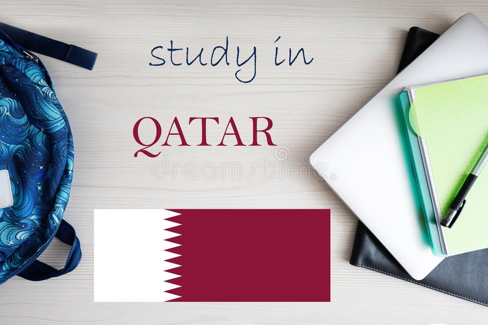 Study in Qatar. Background with Notepad, Laptop and Backpack Stock ...