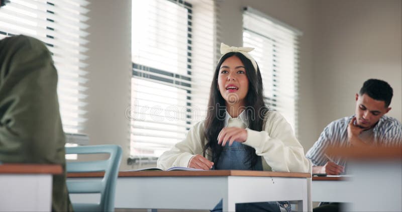 Study, Question and Student at Desk of Classroom in School for ...