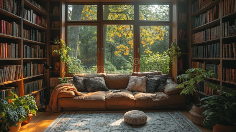 Study Room with Comfortable Sofa and Book Shelf at Home Interior Design ...