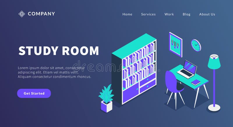 Study Room Concept with Book Shelf and Table Workspace Laptop Computer ...
