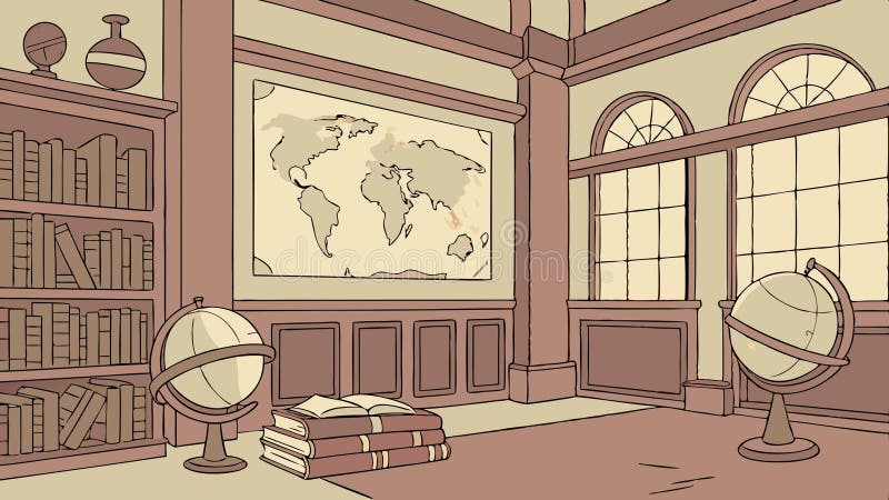 Study Room with Globe and Map, Academic Interior Scene Vector Design ...