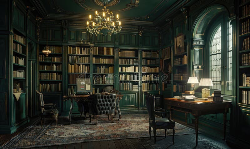 Study Room in a Historic Library with Dark Green Walls Stock Image ...