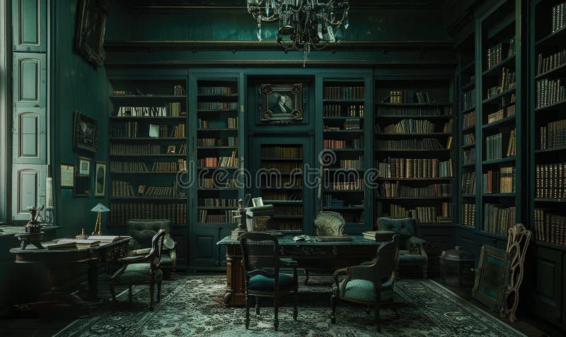 Study Room in a Historic Library with Dark Green Walls Stock Image ...
