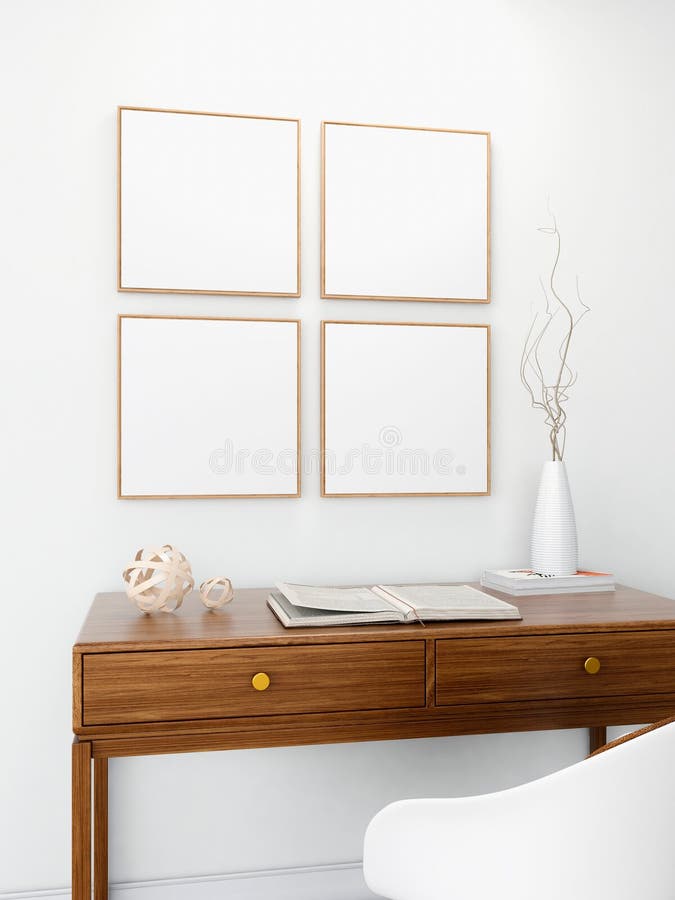 Study Room with Mockup of Four Square Frames, Lamp and Decoration Stock ...