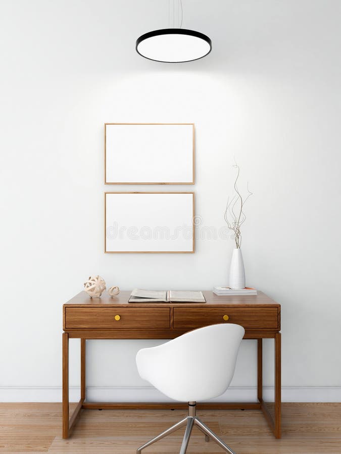 Study Room with Two Horizontal Frame Mockups, Lamp and Decoration Stock ...