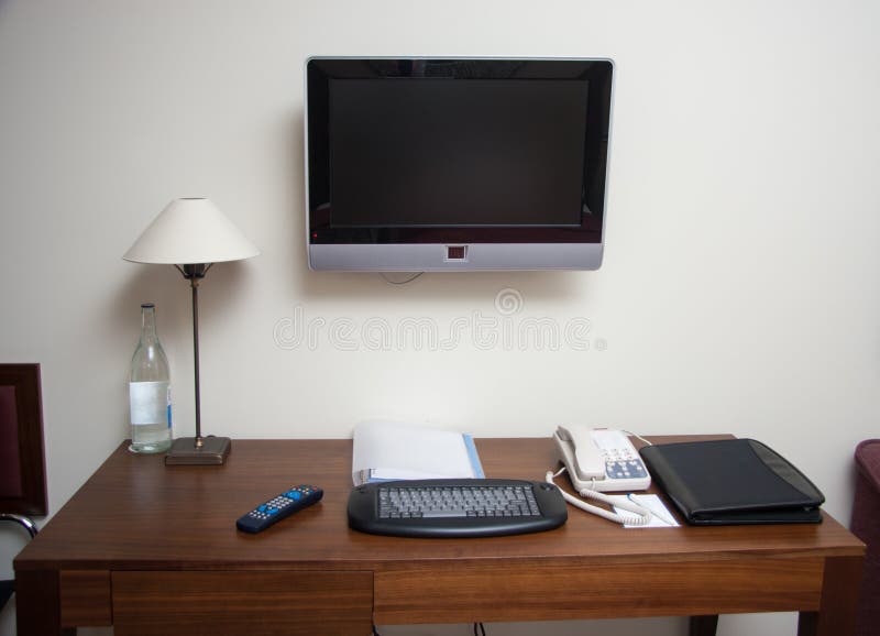 Study Room with Writing Desk Keyboard Phone Lamp and Lcd Tv Set Stock ...