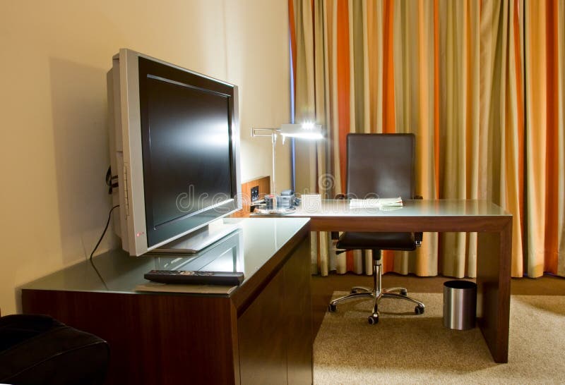Study Room with Writing Desk and Tv Set Stock Photo - Image of brown ...