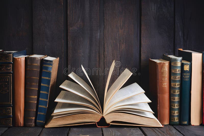 Study Scene with Books on Dark Wood Backdrop, an Open Book Beckons ...
