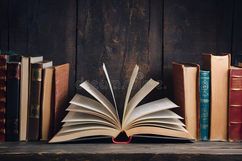 Study Scene with Books on Dark Wood Backdrop, an Open Book Beckons ...