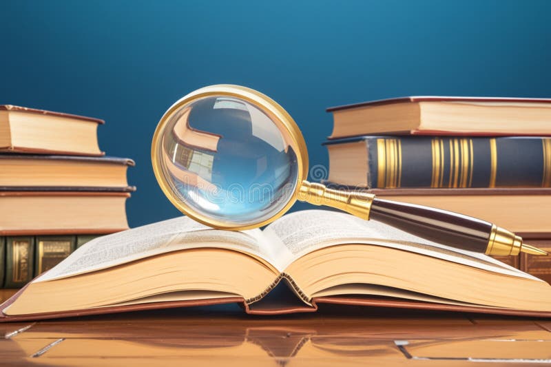 Study Scene Open Book and Magnifying Glass in a Library Stock ...