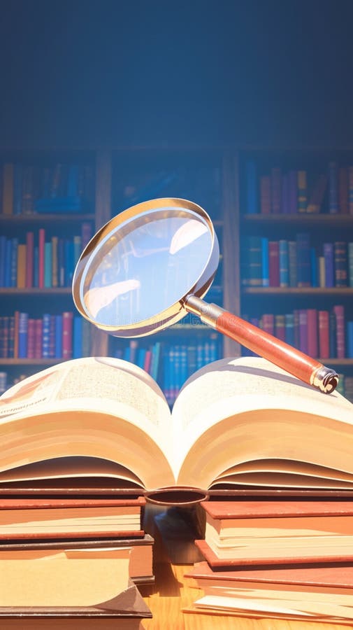 Study Scene Open Book and Magnifying Glass in a Library Stock ...