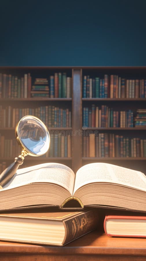 Study Scene Open Book and Magnifying Glass in a Library Stock ...