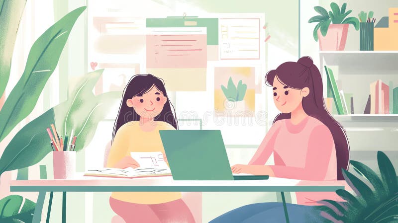 Study Session Illustration: Girls Learning Together Stock Image - Image ...