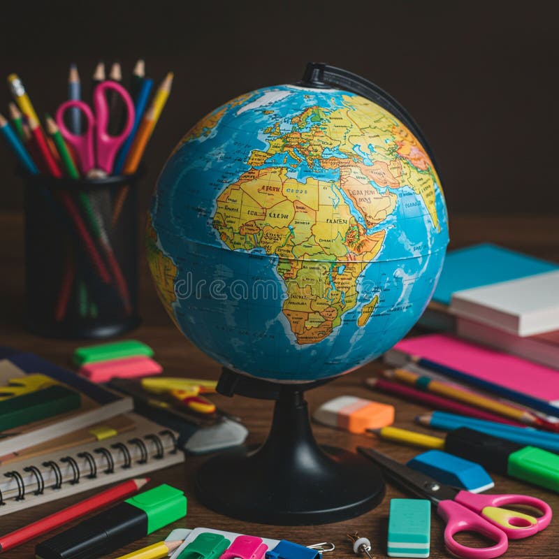 A Study Setup Featuring a Colorful World Globe Displaying Continents ...