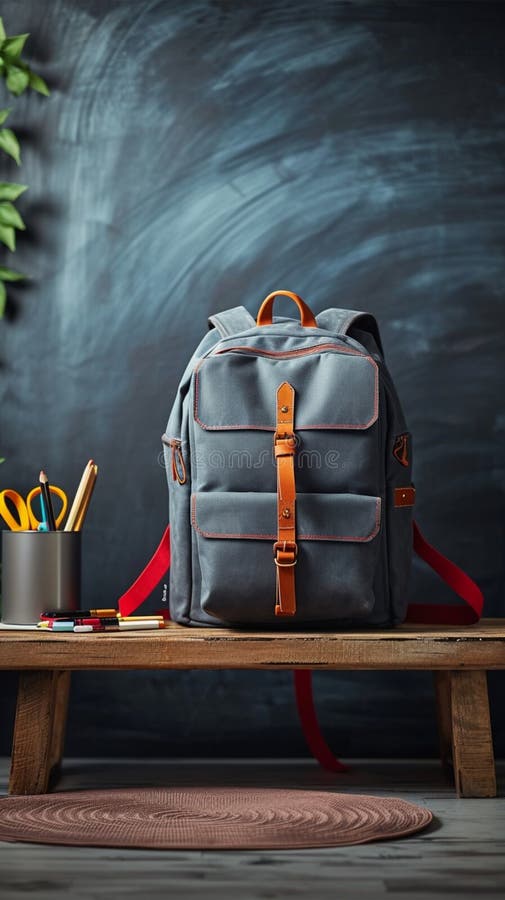 Study Setup School Backpack with Supplies Against a Blackboard ...