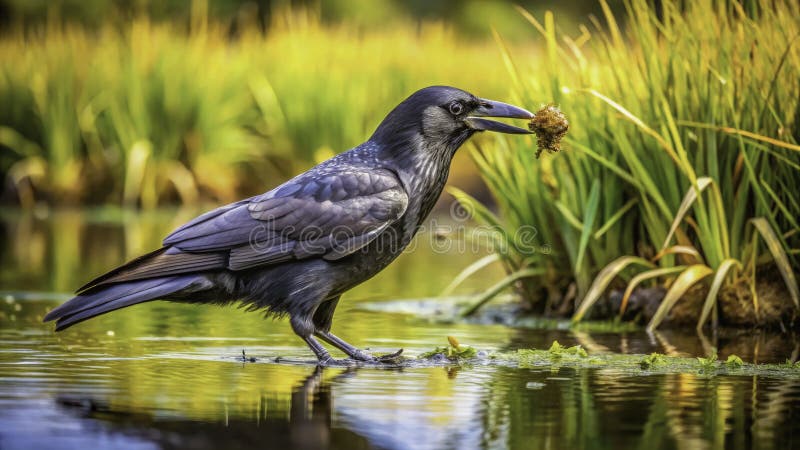 A Study in Shadows Black and Gray Crow Foraging at the Ponds Edge ...