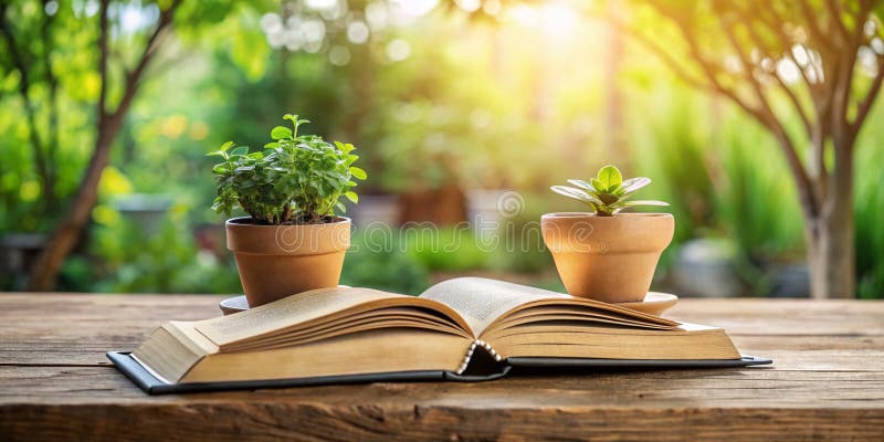 A Study in Simplicity Open Book on Wooden Stand Adorned with Potted ...