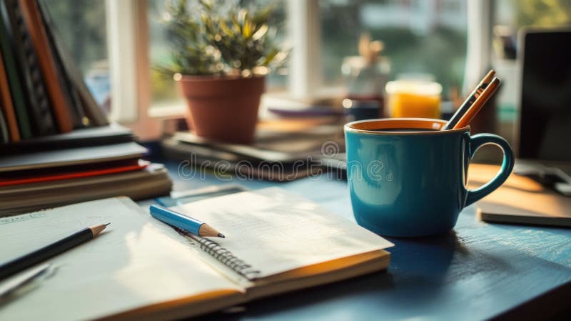 Study Space with Coffee and School Supplies Stock Illustration ...