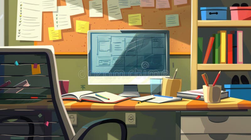 Study Space with Desk, Chair, Computer, Notebooks, Stationery and ...