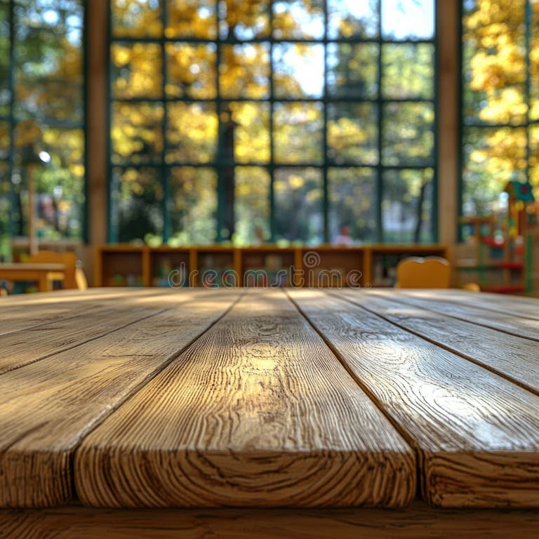 Study Space with a Wooden Table and Large Window Stock Photo - Image of ...