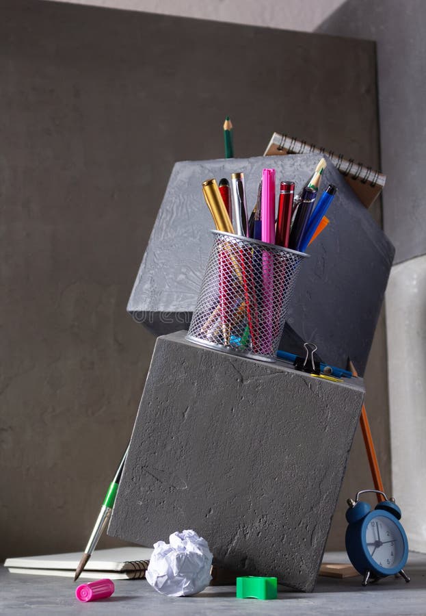 Study Supplies and Accessories on Concrete Cube Background. Back To ...
