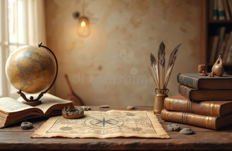 Study Table with Antique Globe, Open Book, Old Map with Compass Rose ...