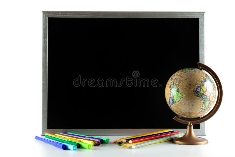 Study Table. Education Accessories with Globe, Chalk, Brushes on Dark ...