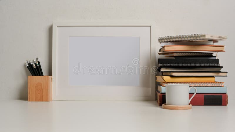 Study Table with Mock Up Frame, Stack of Books, Pencils and Copy Space ...